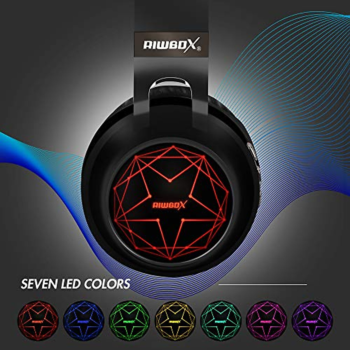 Riwbox WT-8S Bluetooth Headphones, LED Light Up Wireless Headphones Over Ear Hi-Fi Stereo Foldable Wireless/Wired Headsets with Mic and TF-Card Compatible for iPhone ipad Kindle Laptop TV (Black)