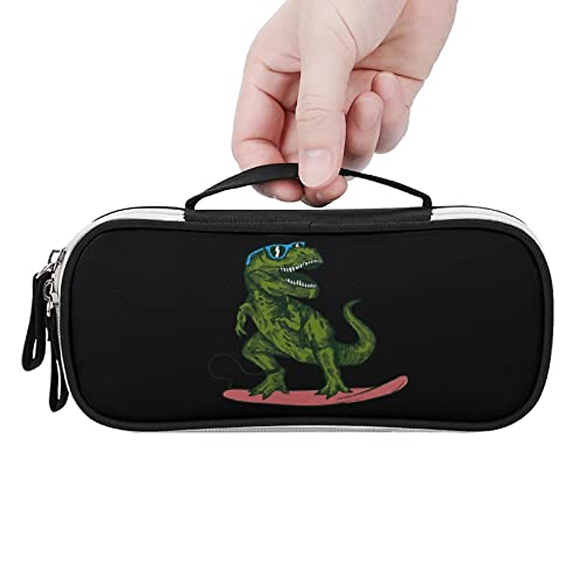 Surfing Dinosaur Pencil Case Bag Large Capacity Stationery Pouch with Handle Portable Makeup Bag Desk Organizer