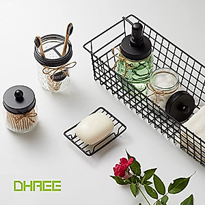 DHAEE Mason Jar Bathroom Accessories Set(6PCS) - Soap Dish,Apothecary Jar Canisters,Toothbrush Holder,Lotion Soap Dispenser,Metal Wire Storage Organizer Basket,Home,Farmhouse,Rustic Decor（Black）