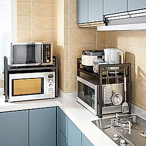 TAGLINES Expandable Metal Microwave Oven Rack Shelf Kitchen Supplies Tableware Storage Carbon Stainless Steel Counter Rice Cooker Stand Contains 2 Tiers with 3 Hooks Black