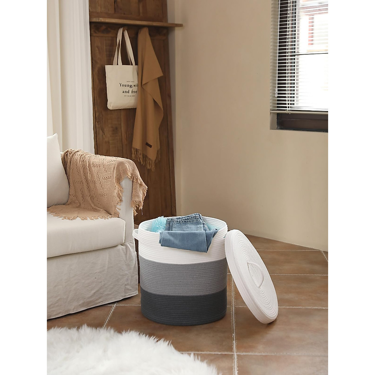 16" x 16" x 18" Extra Large Storage Basket with Lid, Cotton Rope Storage Baskets, Laundry Hamper, Cloth Bin, for Clothes Towels Blankets Pillows Storage in Living Room, Grey/Dark Grey with Cover