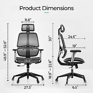 LINSY HOME High-Back Office Chair, Swivel Ergonomic Task Chair with Adjustable Headrest and Arms, Lumbar Support and PU Wheels, Computer Mesh Chair for Home Office, Dark Grey