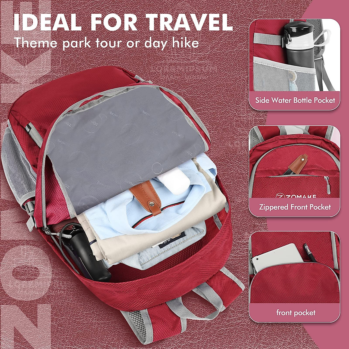 ZOMAKE Lightweight Packable Backpack 30L, Foldable Hiking Backpacks Water Resistant Compact Folding Daypack for Travel(Red)