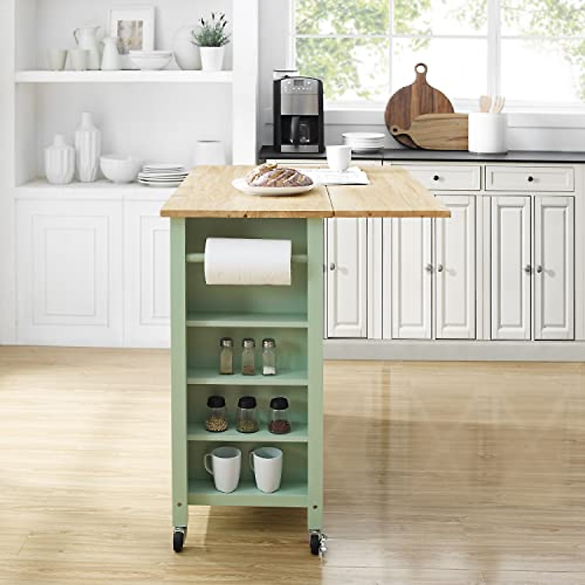 Crosley Furniture Savannah Wood Top Drop Leaf Rolling Kitchen Island Cart with Spice Rack and Shelves, Mint