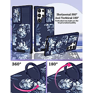 Goocrux (2in1 for Samsung Galaxy S23 Ultra Case Floral for Women Girls Flowers Girly Phone Cover Cute Flower Design with Slide Camera Cover+Ring Holder Blue Plants Cases for S23 Ultra 5G 2023 6.8''