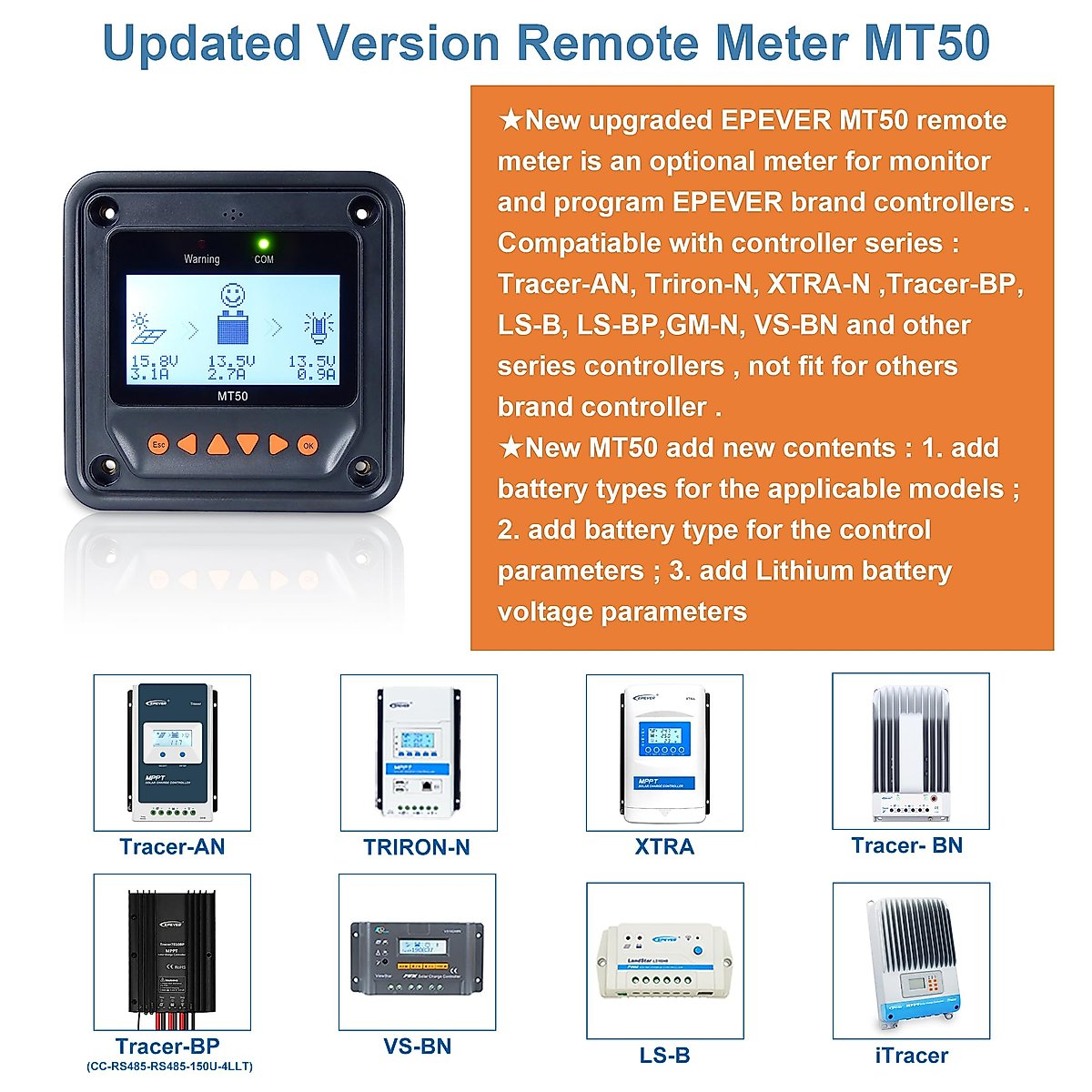 EPEVER MT50 Remote Meter for MPPT Solar Charge Controller 10/20/30/40A,50/60/80/100A LCD Display Monitoring Setting Datas of Solar Panel Battery Regulator System (MT50)