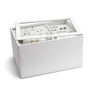 Vlando Jewelry Tray - Faux Leather Glass-top Jewelry Storage Organizer - Earring Necklace Bracelet Ring Display Desktop Drawer Chest, 4-Layer w/Clear Lid, White