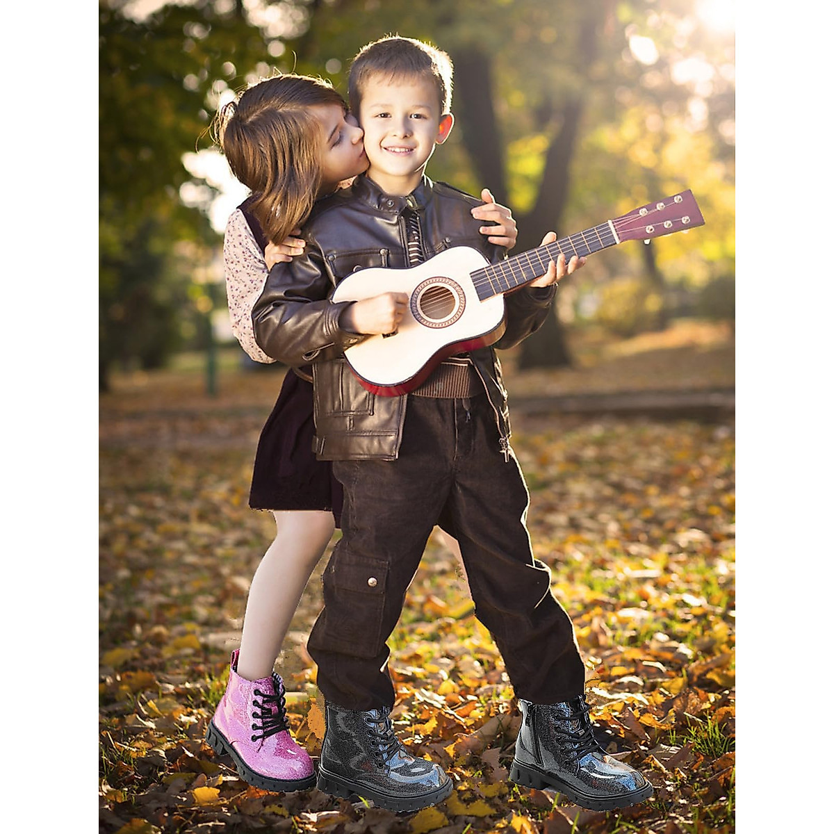 DADAWEN Boys Girls Glitter Ankle Boots Kids Lace Up Waterproof Combat Shoes With Side Zipper for Toddler/Little Kid/Big Kid Black/Glitter US Size 2 M Little Kid