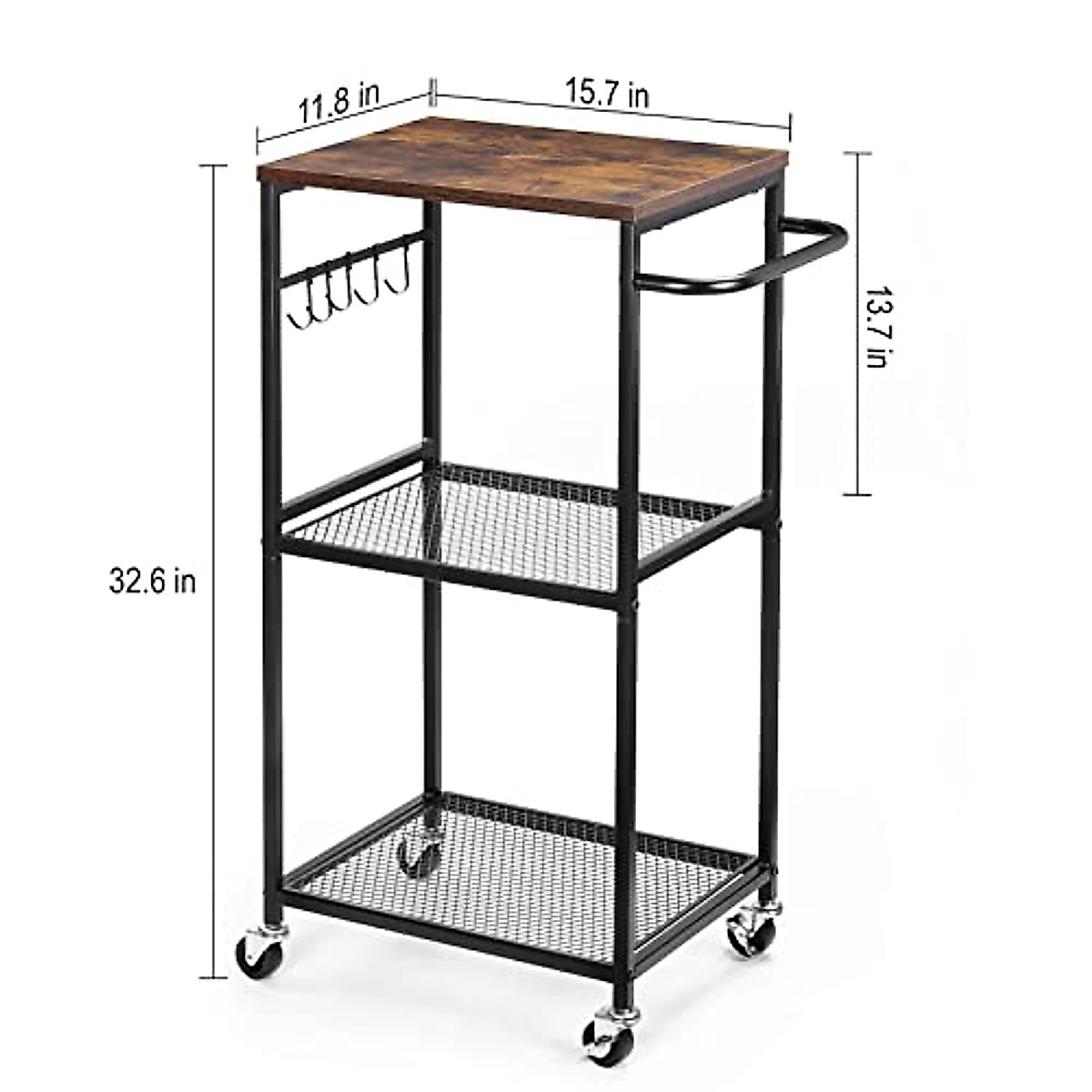 NANANARDOSO Kitchen Cart on Wheels, 3 Tier Mesh Utility Storage Cart, Wood Look Top and Metal Frame Rolling Pantry Cart for Kitchen, Living Room, Laundry Storage, Rustic Brown.