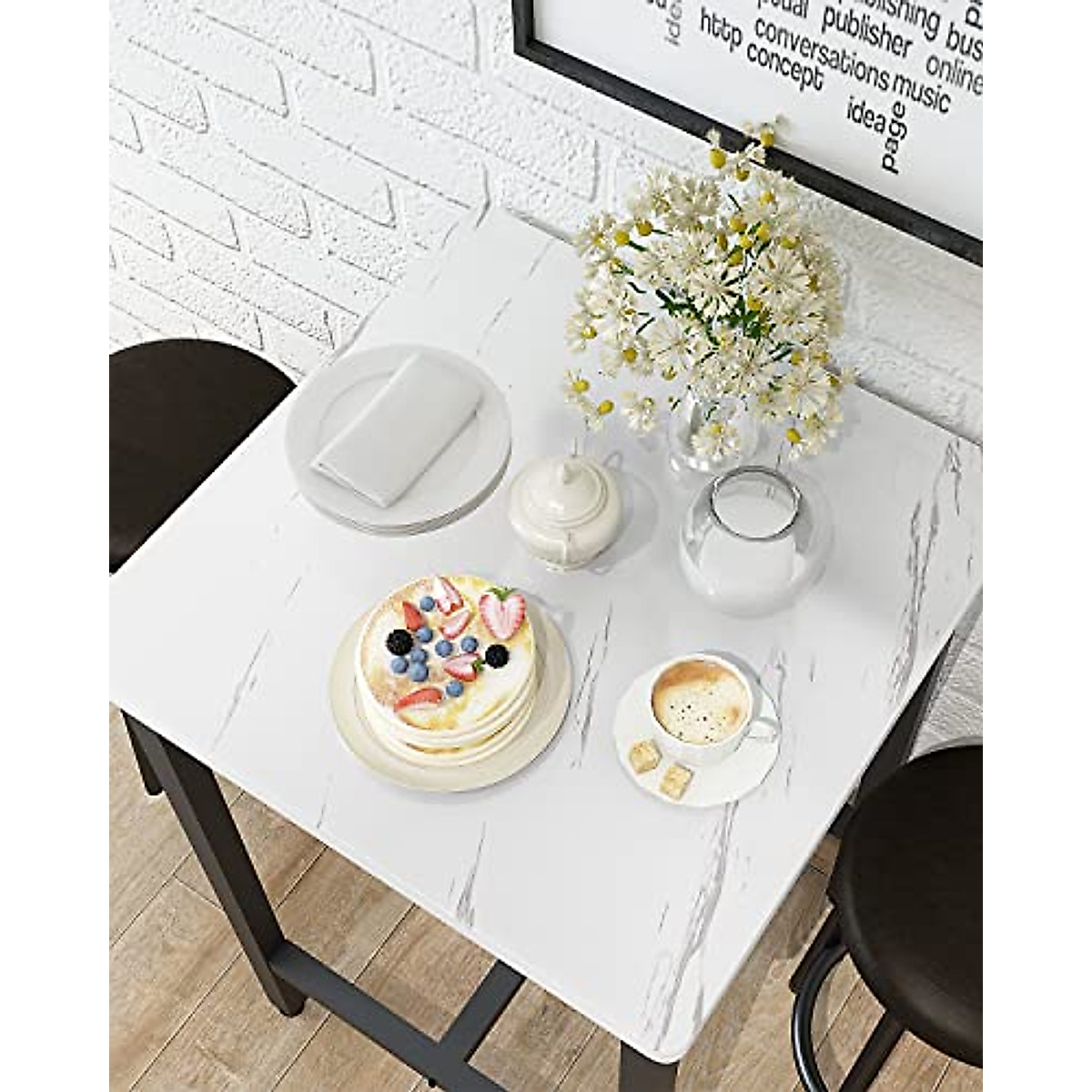 DKLGG 3-Pieces Bar Table and Chairs Set, Kitchen Dining Bar Height Table with 2 Bar Stools, Modern Bistro Pub Table Breakfast Square Bar Table Small Space for Kitchen, Living Room, Party Room, White