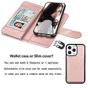 NJJEX Compatible with iPhone 13 Pro Case/iPhone 13 Pro Wallet Case 6.1" (2021), [9 Card Slots] PU Leather ID Credit Holder Folio Flip [Detachable] Kickstand Magnetic Phone Cover & Lanyard [Rose Gold]