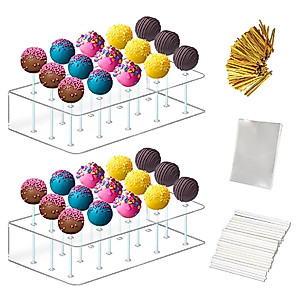 MR.FOAM Acrylic ,2PC Cake Pop Stand Display Holder 100PCS Lollipop Sticks 100PCS Clear Treats Bags and 100PCS Gold Metallic Twist Ties for Candy Cake Pop Making Tools