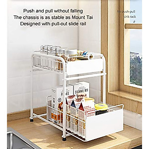 LEAYAN Multifunctional Under Sink Storage Metal Storage Drawer,Telescopic Sliding Drawer,Sliding Rack with Spice Dividers,Shower,Pantry,Kitchen,Bathroom,Under Sink Rack Shelf, White Short Large