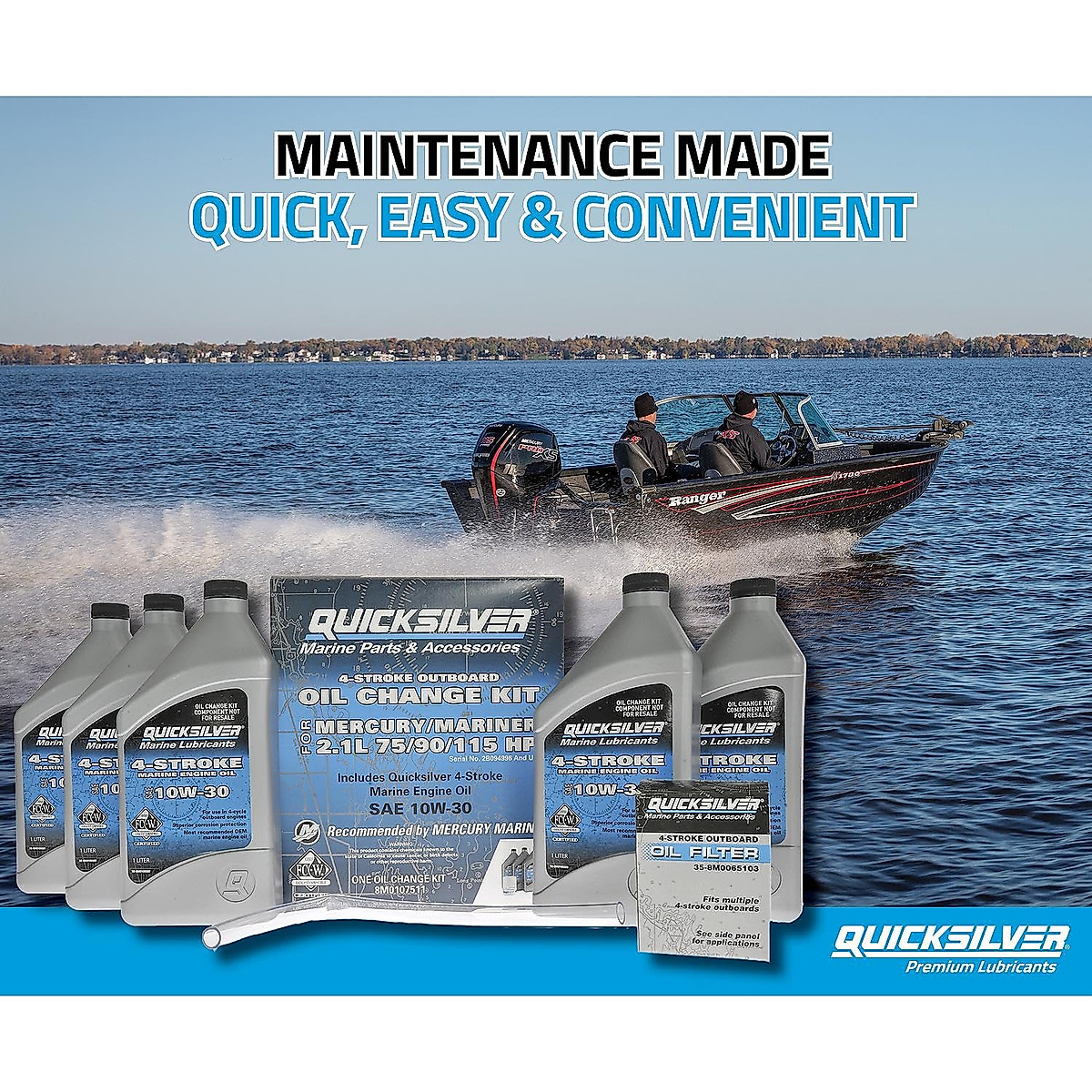 Quicksilver 10W-30 Oil Change Kit for 4-Stroke 75hp, 90hp and 115hp Mercury 2.1L outboards