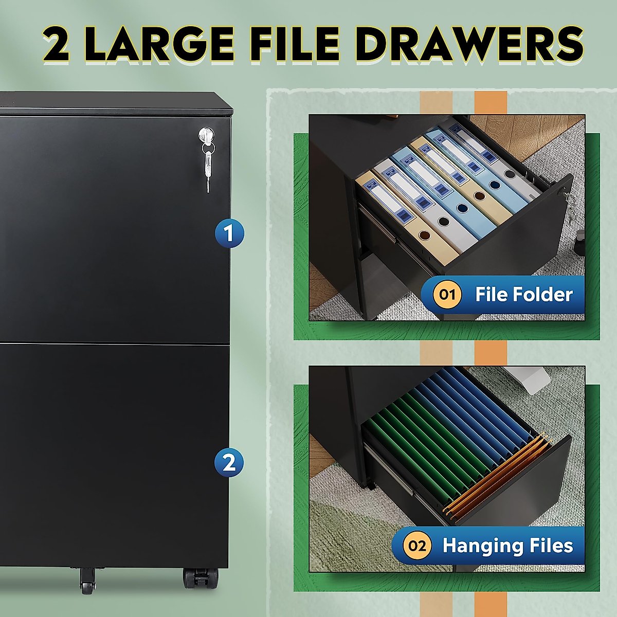 DEVAISE 2-Drawer Rolling File Cabinet with Lock, Metal Filing Cabinet for Home Office, Fully Assembled Under Desk Cabinet, Black