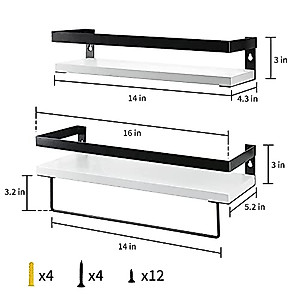 Cheeorry Bathroom Floating Shelves for Wall, White Wall Storage Shelves with Towel Bar, Bathroom Shelf Over Toilet Storage Shelving Wall Mounted for Kitchen, Bathroom,Laundry Room Set of 2 (White)
