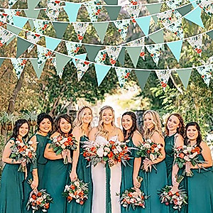 32Ft Dark Green Teal Blue Printed Flowers Flora Pennant Banner Fabric Triangle Flag Bunting Garland for Spring Summer Decor Birthday Party Wedding Home Outdoor Garden Hanging Decoration