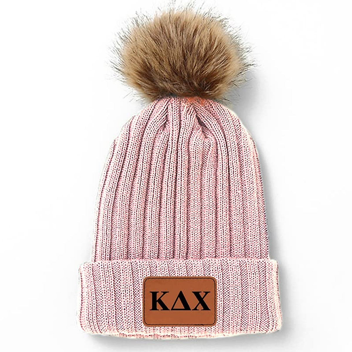Sorority Shop Kappa Delta Chi Beanie Hat with Pompom, with Kappa Delta Chi Sorority Name Patch Pink