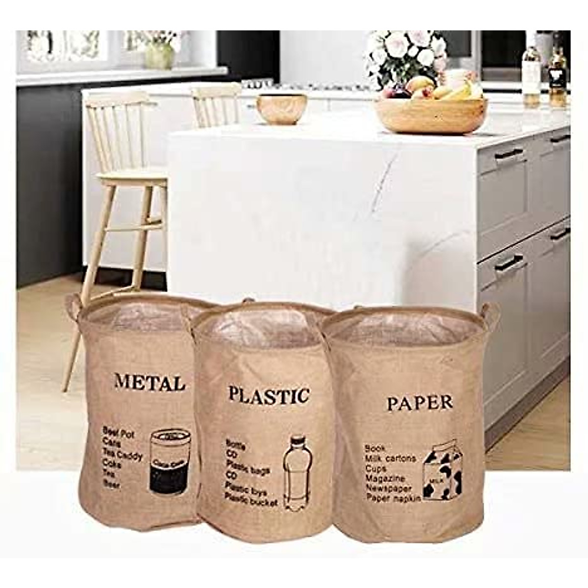 Dream Roca Natural Jute Recycling Bin Bag, Waste Bin Bags Basket for Home Kitchen Office - Round Reusable Recycle Garbage Trash Sorting Bins Organizer Baskets Recycling Container for Metal, Cans