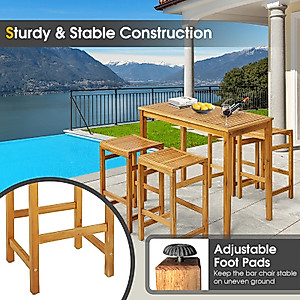 Tangkula 5 Piece Outdoor Acacia Wood Bar Table Set, 45" Rectangular High Top Table with 4 Saddle Seat Bar Height Stools, Space-Saving Patio Dining Set for 4, for Deck, Garden and Porch