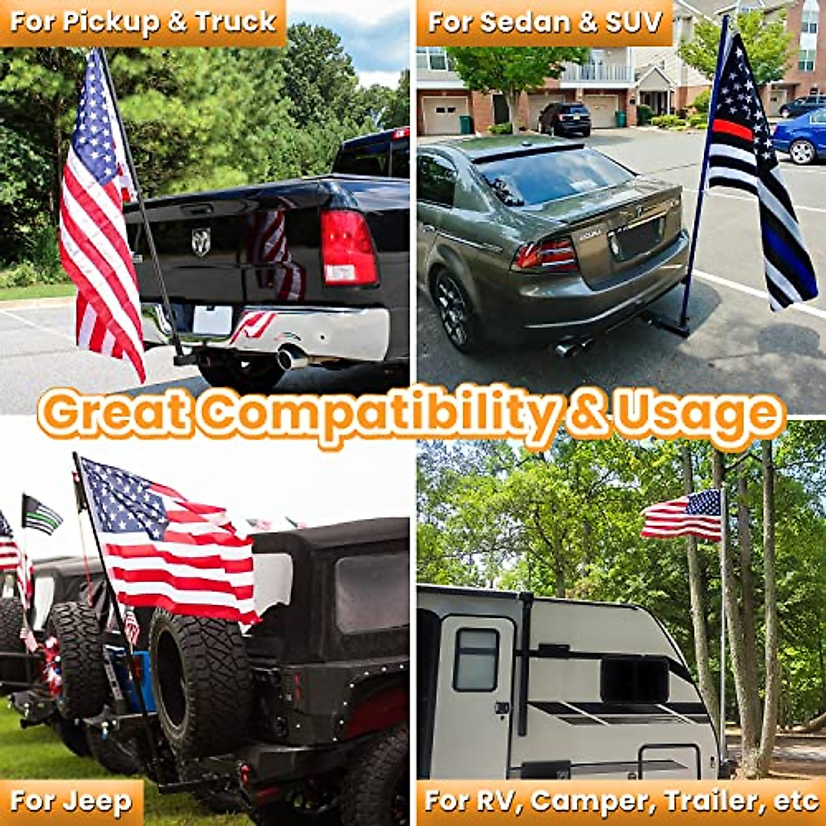 Universal Hitch Mount Flag Pole Holder Flagpole Bracket for Jeep Trailer Car Truck SUV RV Pickup Camper Fits Standard 2 inch Hitch Receivers with Anti-Wobble Screw Heavy Duty Black Powder (Single)