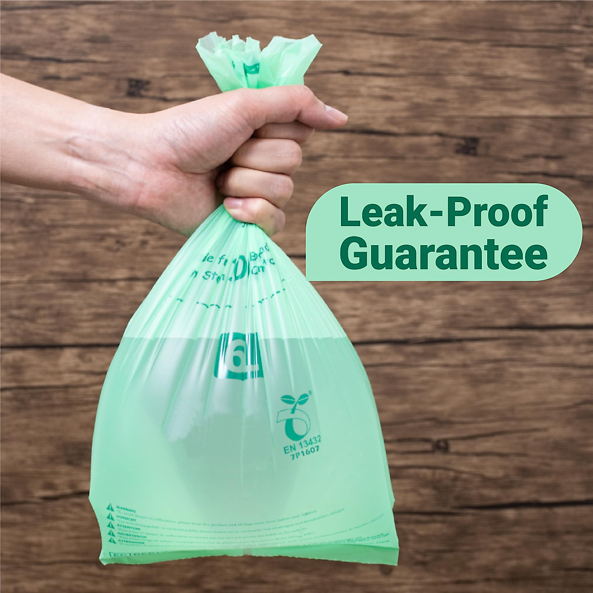 GREENER WALKER 100% Compostable Trash Bags, 1.6 Gallon-150Bags, Food Scrap Kitchen Waste Bags with EN13432 Certified