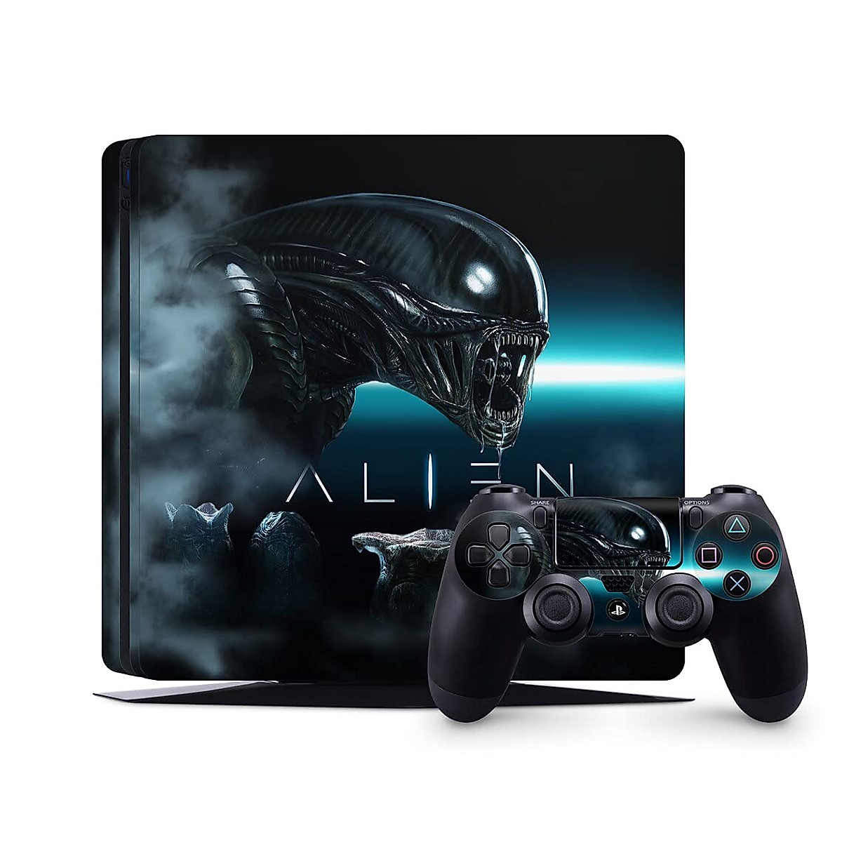 ZOOMHITSKINS Compatible with PS4 Slim Skin, Alien Supernatural SciFi Neon Black Blue, Durable & Fit, 3M Vinyl, Made in The USA