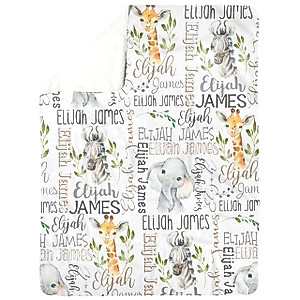 Personalized Baby Boy Blanket, Custom Name Boy Blanket, Safari Animal Print Blanket, Baby Name Repeat Blanket, Elephant Giraffe Ze King