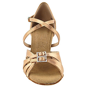 Very Fine Dance Shoes - Ladies Latin, Rhythm, Salsa, Waltz Ballroom Dance Shoes - S92307-2.5-inch Heel and Foldable Brush Bundle - Tan Satin - 9.5