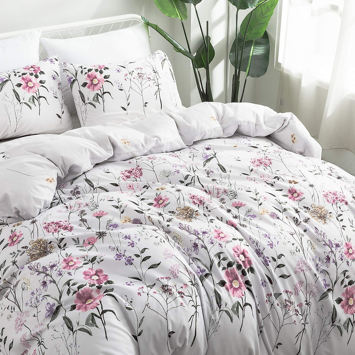 Carisder Full/Queen Duvet Cover Set Floral Soft White Comforter Cover Set 3 Pieces Bedding Sets (Floral Queen)