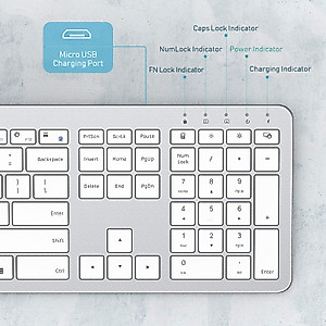 Rechargeable Wireless Keyboard Mouse Combo - Seenda Full Size Cordless Keyboard & Mouse Sets with Build-in Lithium Battery Ultra Thin Quiet Keyboard Mice - Silver and White