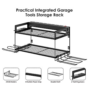 CCCEI Garage Tools Storage with Charging Station. Power Tool Battery Organizer Utility Shelf with Power Strip. 4 Drills Holder Wall Mount Rack, Black.