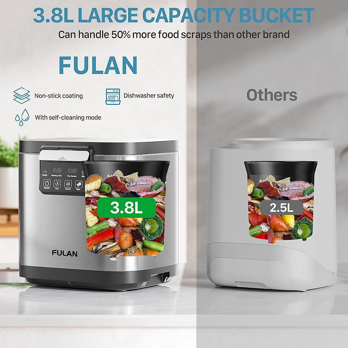 Electric Composter for Kitchen Indoor: 3.8L Large Capacity Odorless Composter Kitchen Counter, Smart Auto Garbage Disposal Home Compost Machine With Timer Display, Turn Waste to Pre-Compost for Plants