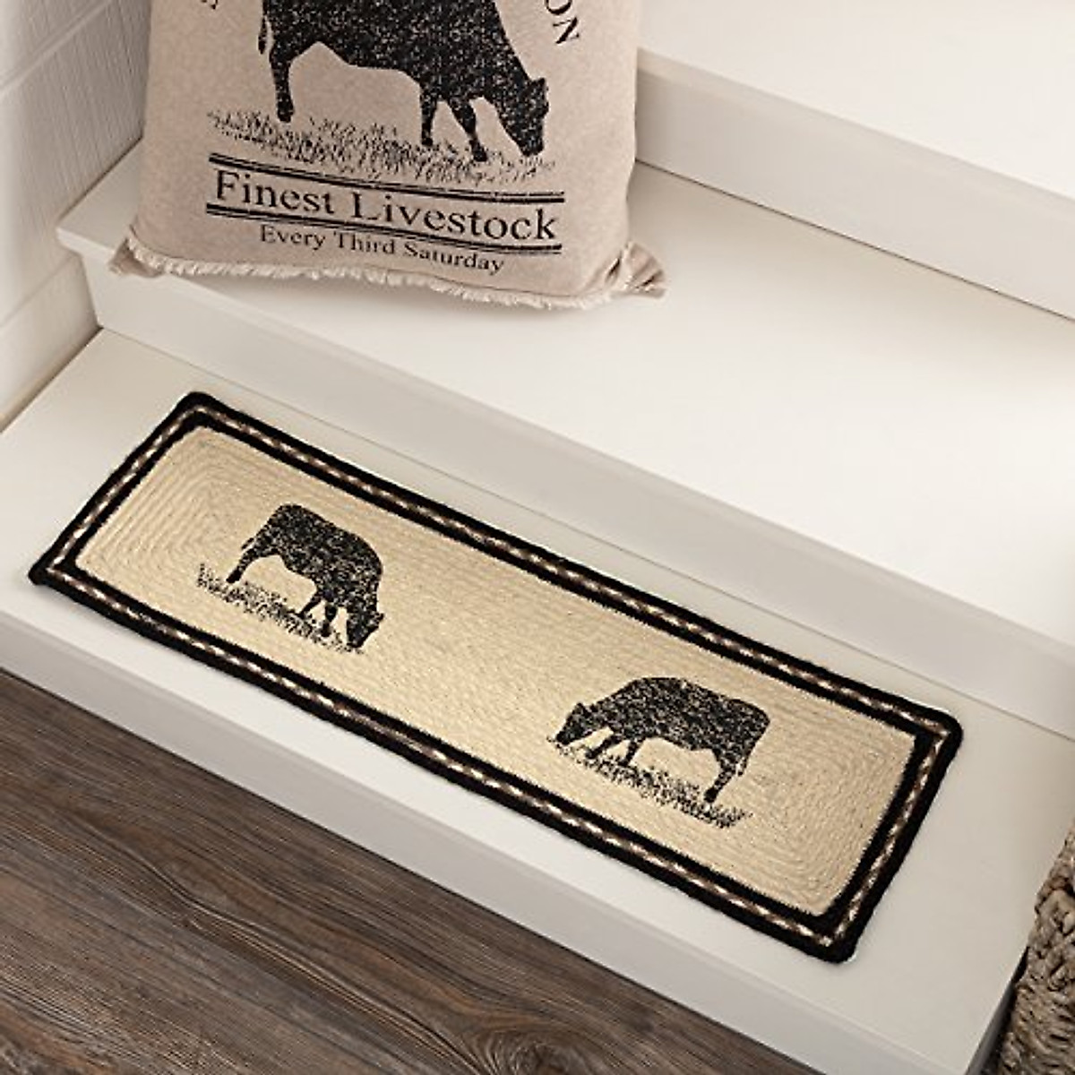 VHC Brands Farmhouse Flooring Miller Farm Charcoal Cow Jute Latex Backing Stenciled Nature Print Rectangle Stair Tread, Bleached White