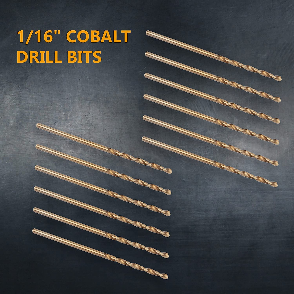 POWERTEC 1/16" Cobalt Drill Bits - 12 Pack - 1-3/4" Length - M35 HSS Jobber Length Twist Bits with 135° Tip for Drilling Wood, Metal, Stainless Steel, Nickel Alloy, Cast Iron & Plastic (QDB2013)