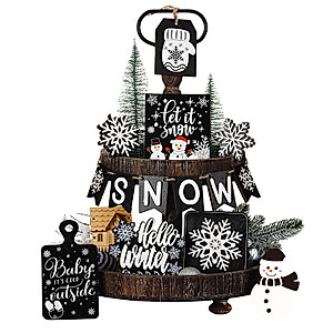BBTO 14 Pcs Winter Tiered Tray Decor Black and White Snowflake Table Wood Decor Hello Winter Wood Blocks Signs for Home Decor(Classic Style)