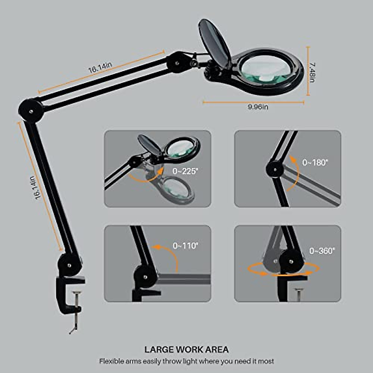 Bemelux LED Magnifying Lamp with Clamp, 5 Inch Magnifier Glass Lens, Metal Swing Arm Dimming 1200 Lumens Lighted Magnifying Desk Lamp for Crafts, Bright 60PCS LEDs - 2.25X Magnification(Black)
