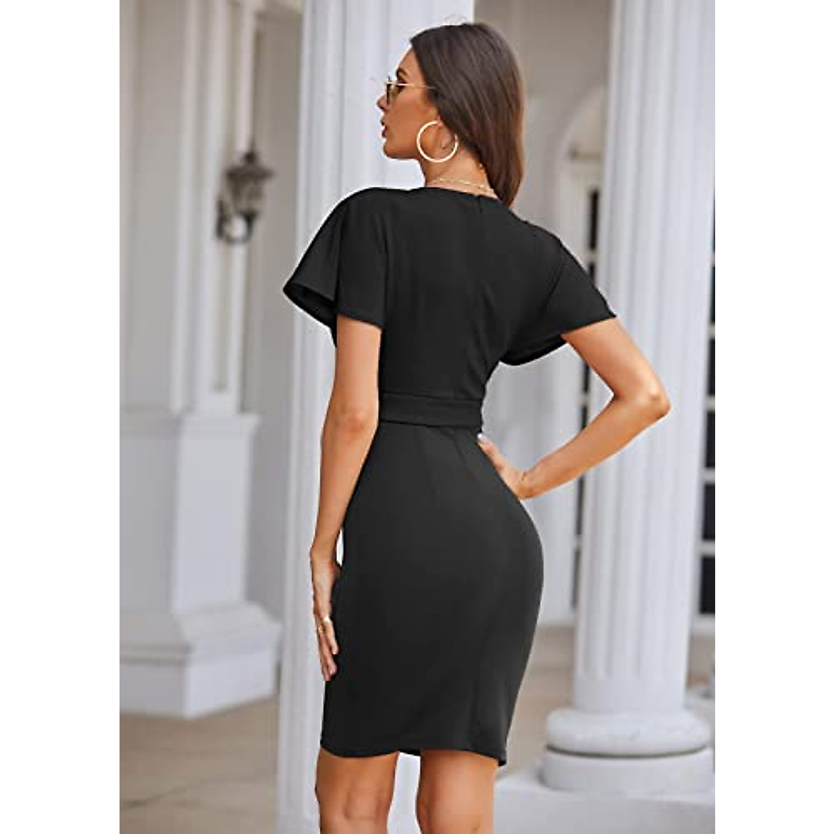 GRACE KARIN Wedding Guest Dresses for Women Elegant Wrap V Neck Ruched Work Business Bodycon Sheath Dress Black L