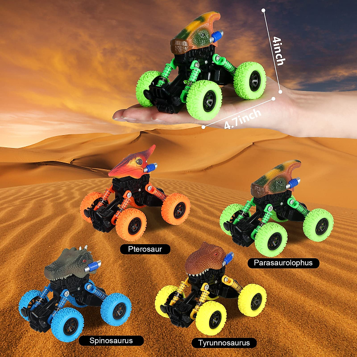 FDUFN 4 Pcs Dinosaur Toys Pull Back Cars Dino Toys for 3 Years Old and Up Boys and Girls, Toddlers Toy Age 3, 4, 5, 6, 7, 8, 9, T-Rex Dinosaur Games Monster Trucks, Christmas Birthday Gifts for Kids