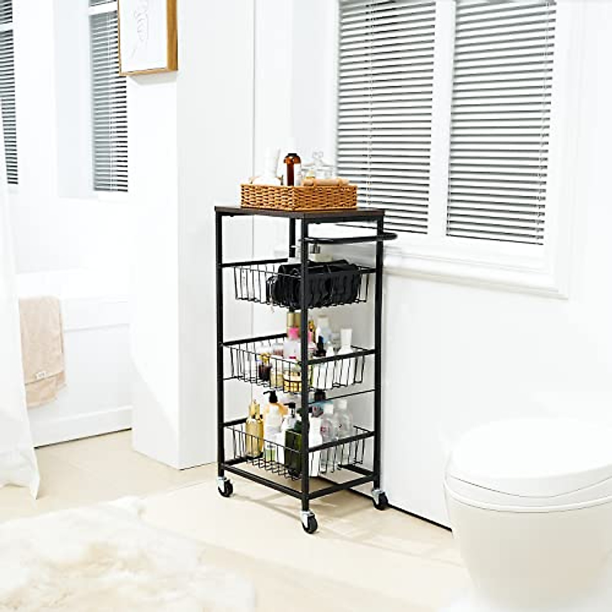 LEGUANG Kitchen Storage Rolling Cart on Wheels, 4 Tier Metal Rolling Utility Carts Microwave Rack with Wooden Tabletop for Kitchen Island, Bathroom, Living Room(Black)