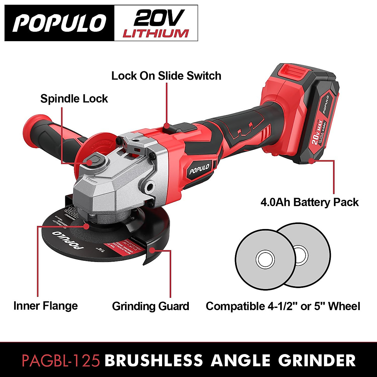 POPULO 20V Cordless Angle Grinder tool with Brushless Motor,Compatible 4-1/2 Inch Wheel,Metal Grinders W/4.0Ah Battery,Equipped 5” Grinding Wheel,Cutting Wheel,Flap Disc and Carving Disc