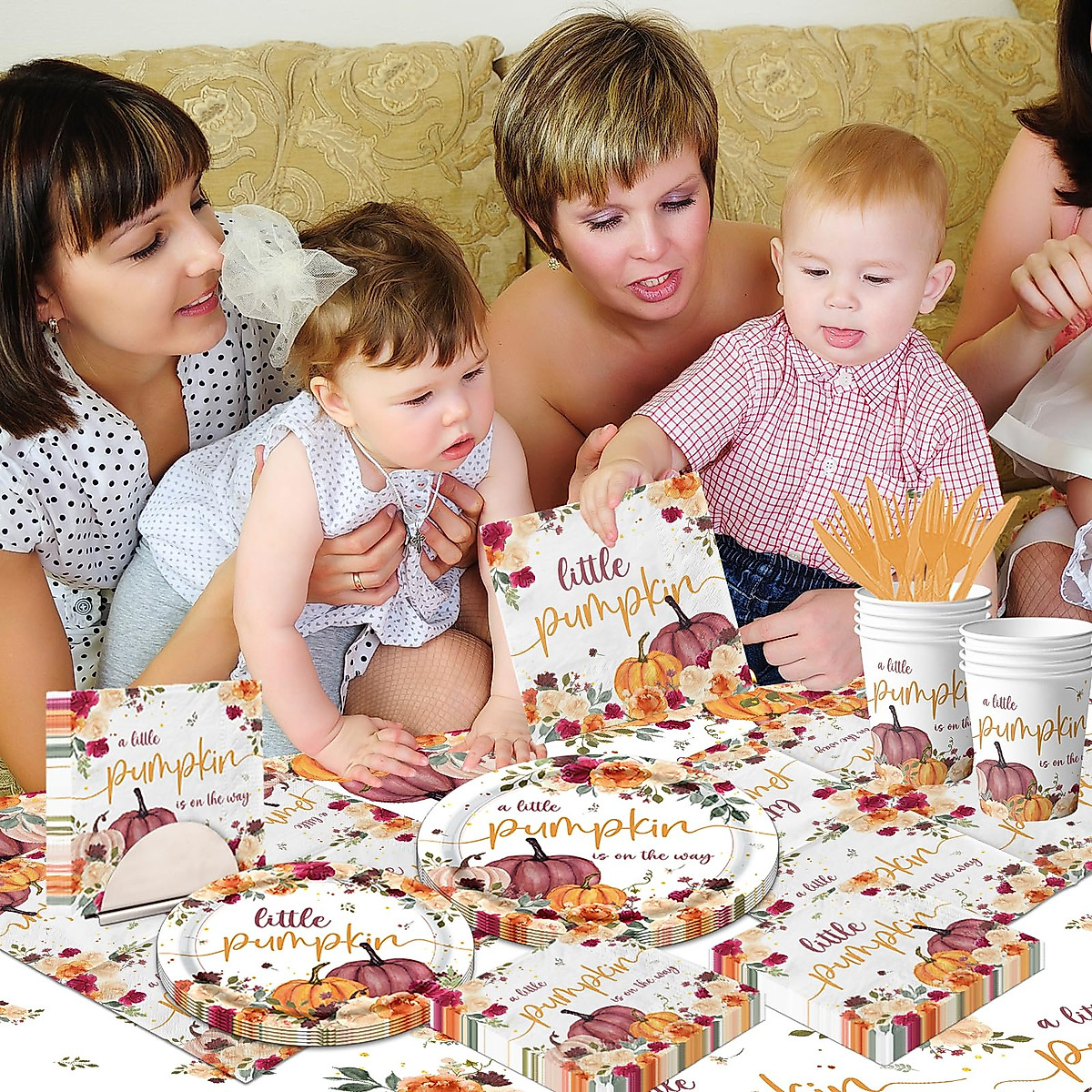 142Pcs Little Pumpkin Baby Shower Decorations-Fall A Little Pumpkin is on the Way Plates and Napkins Set Floral Autumn Thanksgiving Tableware Party Supplies