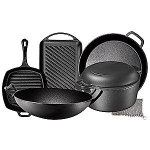 Pre Seasoned Cast Iron 7 Piece Bundle Gift Set, Double Dutch, Rectangular grill Pan, Wok, Large Skillet, Square Grill Pan & Chainmail, Camping Cookware Set