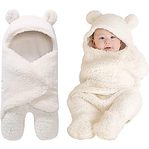 Yinuoday Baby Hooded Swaddle Blanket, Newborn Baby Receiving Blanket Fleece Swaddle Sleeping Bag Sack for Baby Boys and Girls (White)