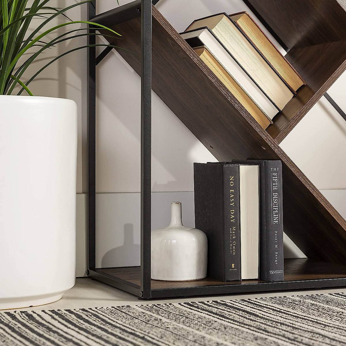 Walker Edison Modern V-Shaped Open Shelf Metal Wood Bookcase Tall Bookshelf Storage Home Office, 68 Inch, Dark Walnut