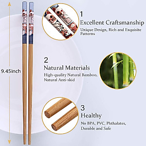 GLAMFIELDS 10Pairs Handmade Natural Bamboo Chopsticks Healthy Asian Japanese Korean Noodles Sushi Chopsticks set Reusable Gift Tableware-Cute Cat Drawing