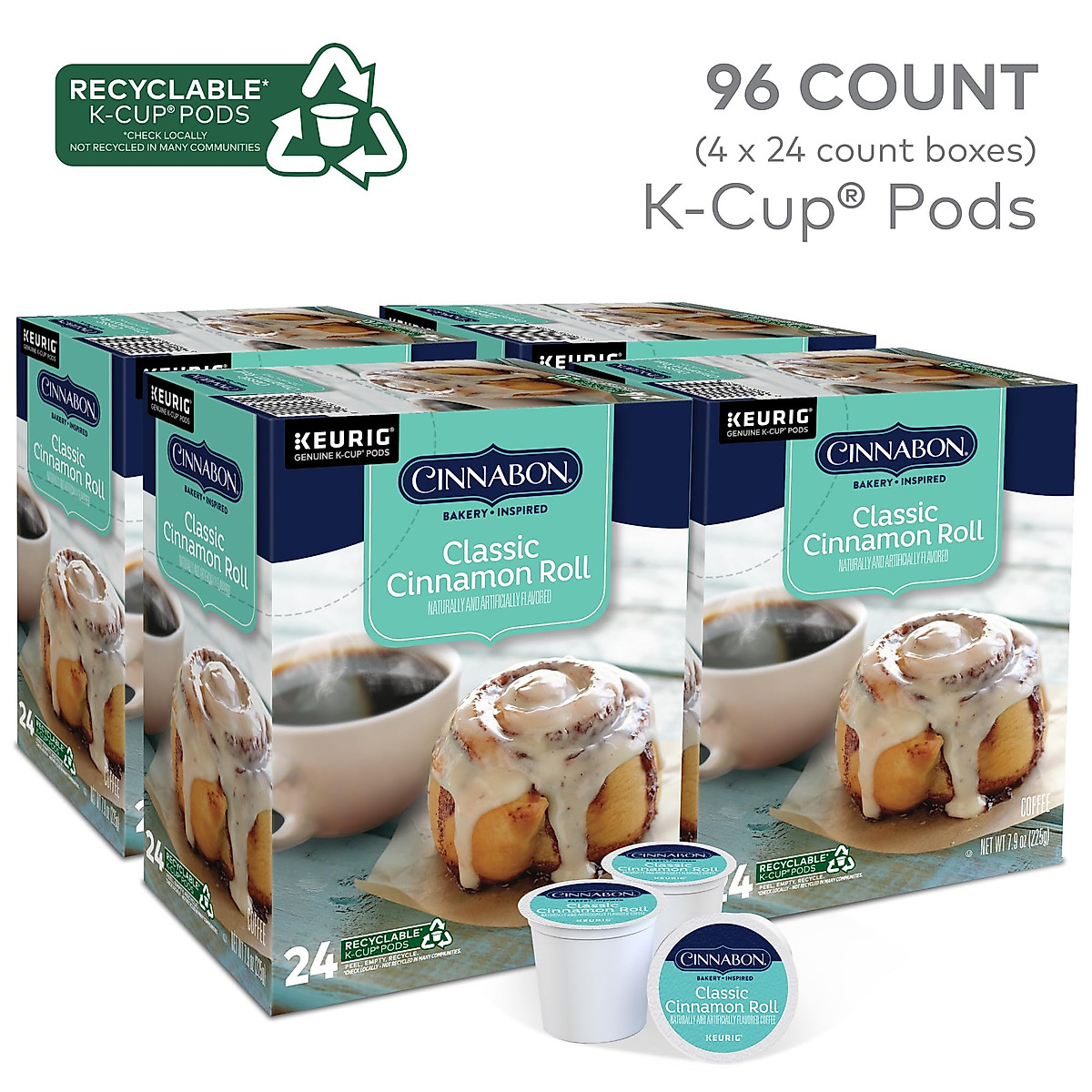 Cinnabon Classic Cinnamon Roll, Single-Serve Keurig K-Cup Pods, Flavored Coffee, 24 Count (Pack of 4)