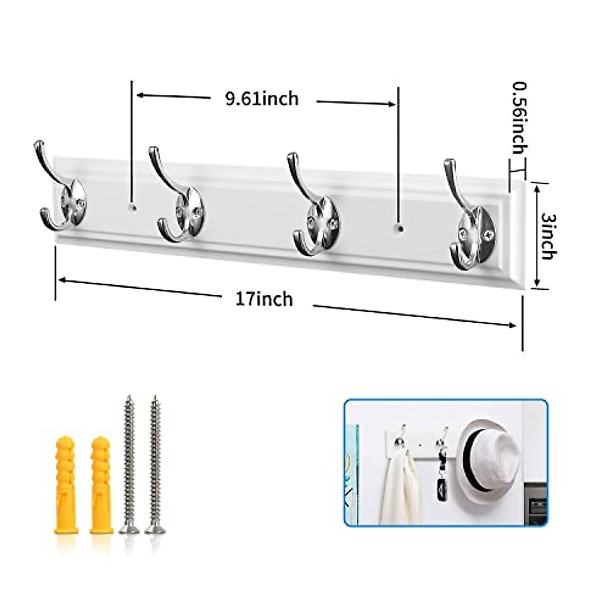 Coat Rack Wall Mounted White, 17" Wooden Modern Wall Coat Hanger with 4 Hooks, Heavy Duty Zinc Alloy Wall Hook Rack for Hanging Coats, Keys, Bags, Keys, Perfect Touch for Bedroom Bathroom Kitchen