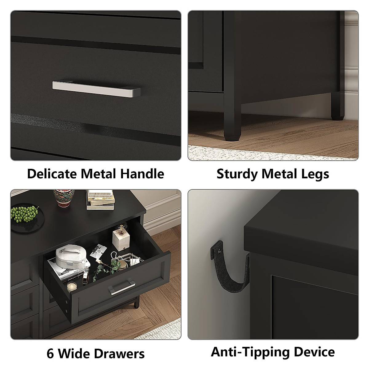 IKENO 6 Drawer Double Dresser for Bedroom, Wood Dressers & Chest of Drawers for Living Room, Entryway, Storage Closet Dressers with Wide Drawers & Metal Handle, Black