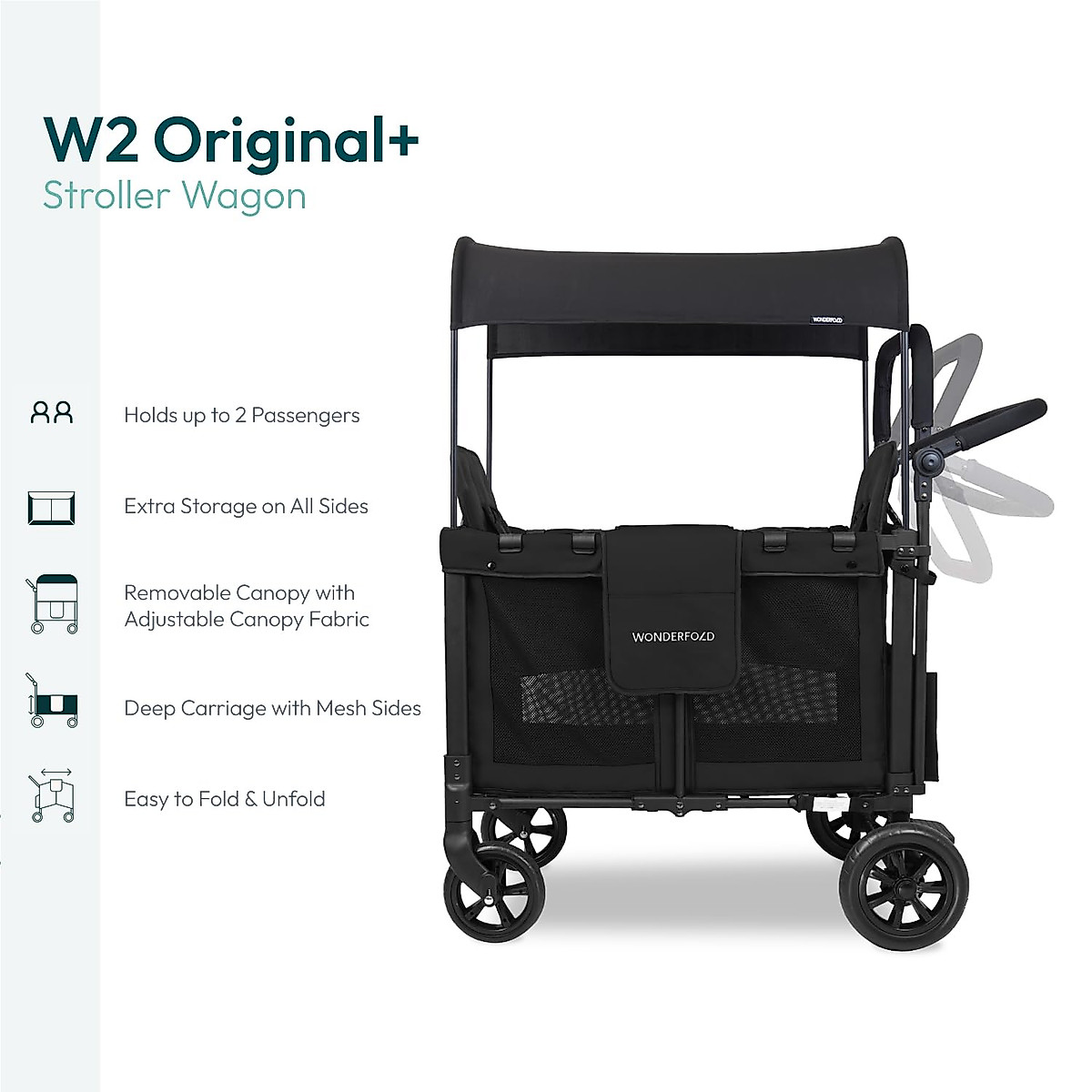 WONDERFOLD W2 Original + Stroller Wagon (2 Seater) - Collapsible Wagon Stroller with Seats with 5-Point Harnesses, Easy-Access Door, and Adjustable Sun Canopy, Black